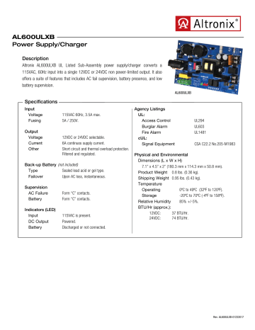 Altronix AL600ULXB Internal Power Supply Specification Sheet | Manualzz