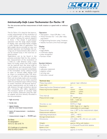 ECOM Ex-Tacho 10 Laser Tachometer Data Sheet | Manualzz