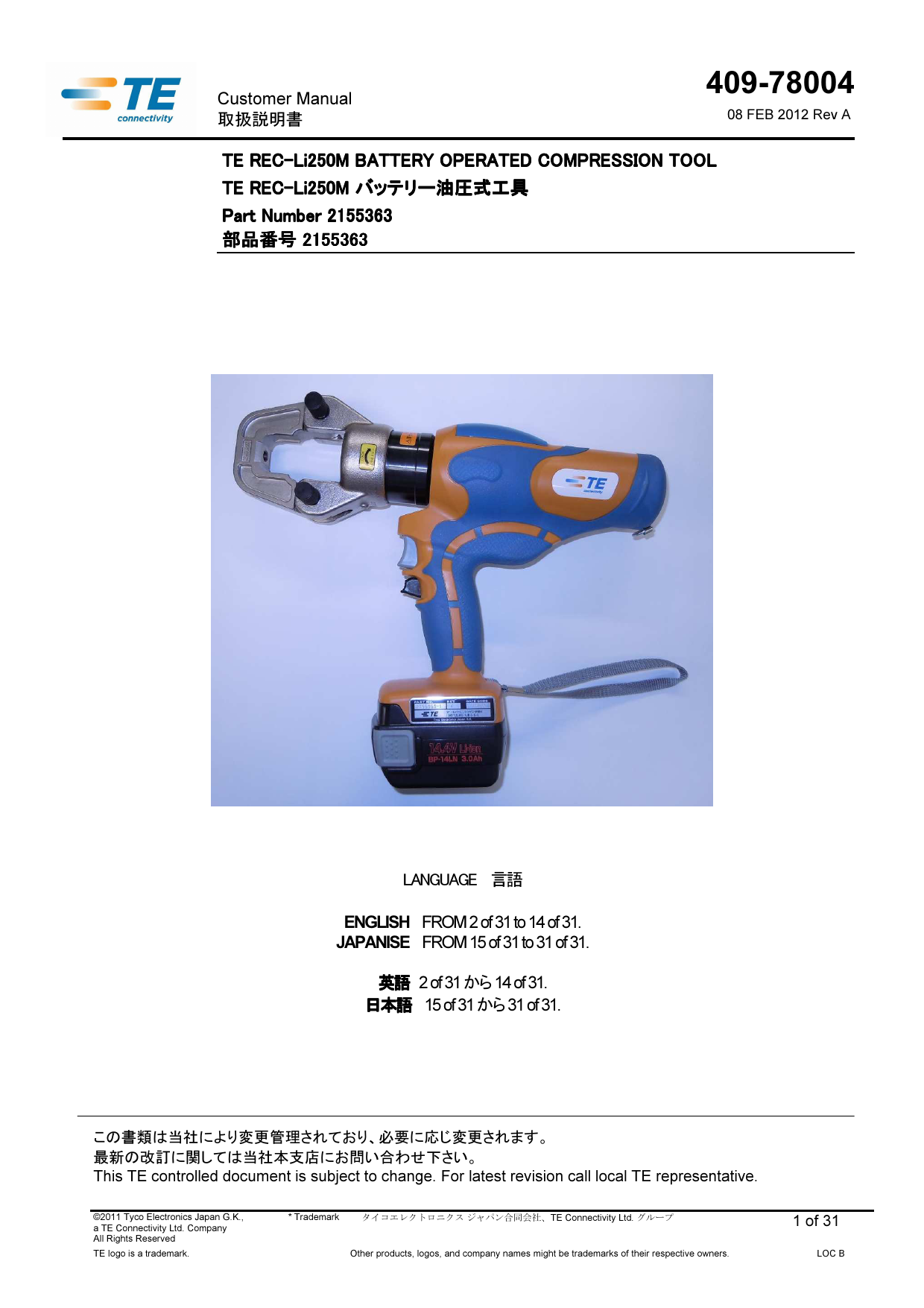 TE REC-Li250M BATTERY OPERATED COMPRESSION TOOL | Manualzz