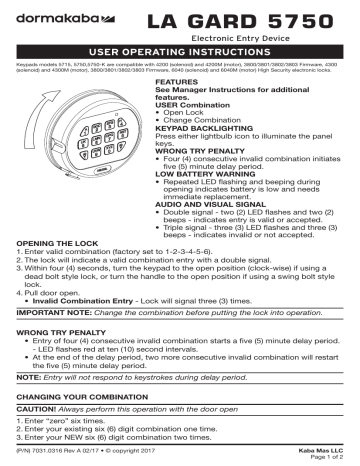 Kaba Mas Electronic Entry Device 5750 User Operating Instructions ...