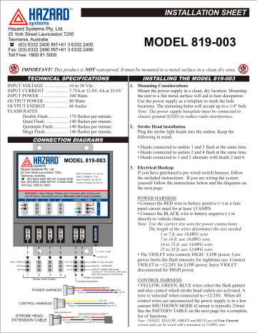 Hazard Systems Strobe Light 819-003 Installation Sheet | Manualzz