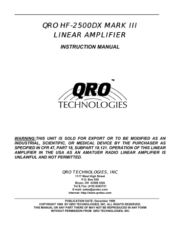 Linear Amplifier HF-2500DX Mark III Instruction Manual | Manualzz