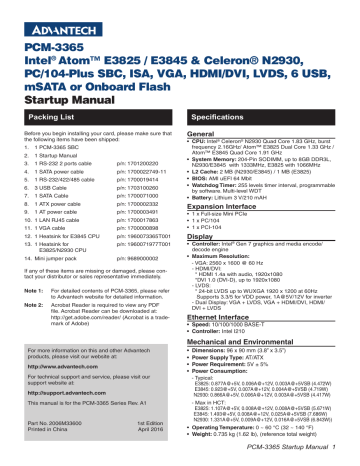 Advantech PCM-3365 Intel® Atom™ E3825 / E3845 & Celeron® N2930 Manual | Manualzz