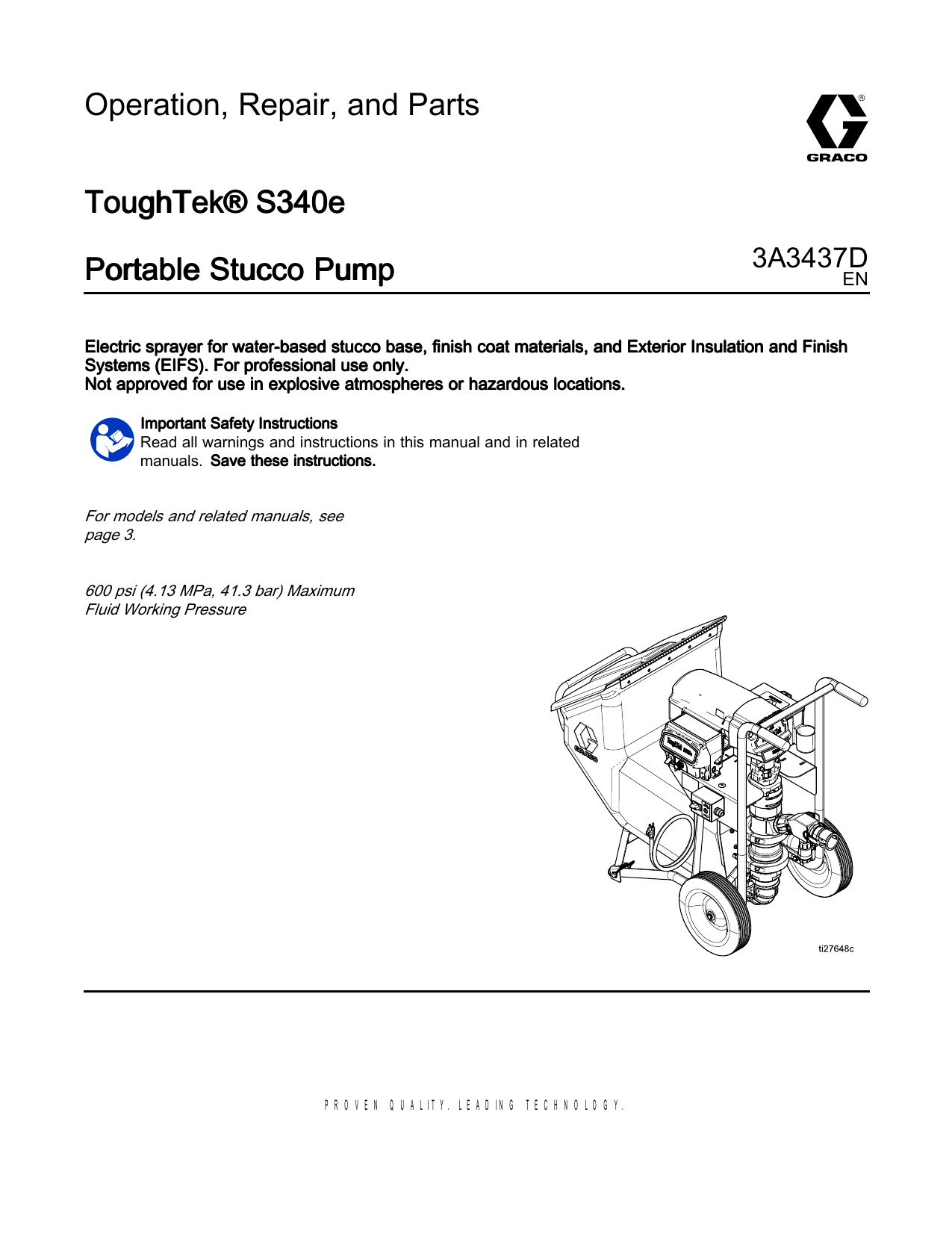 Graco 3A3437D, ToughTek S340e Portable Stucco Pump User Guide | Manualzz