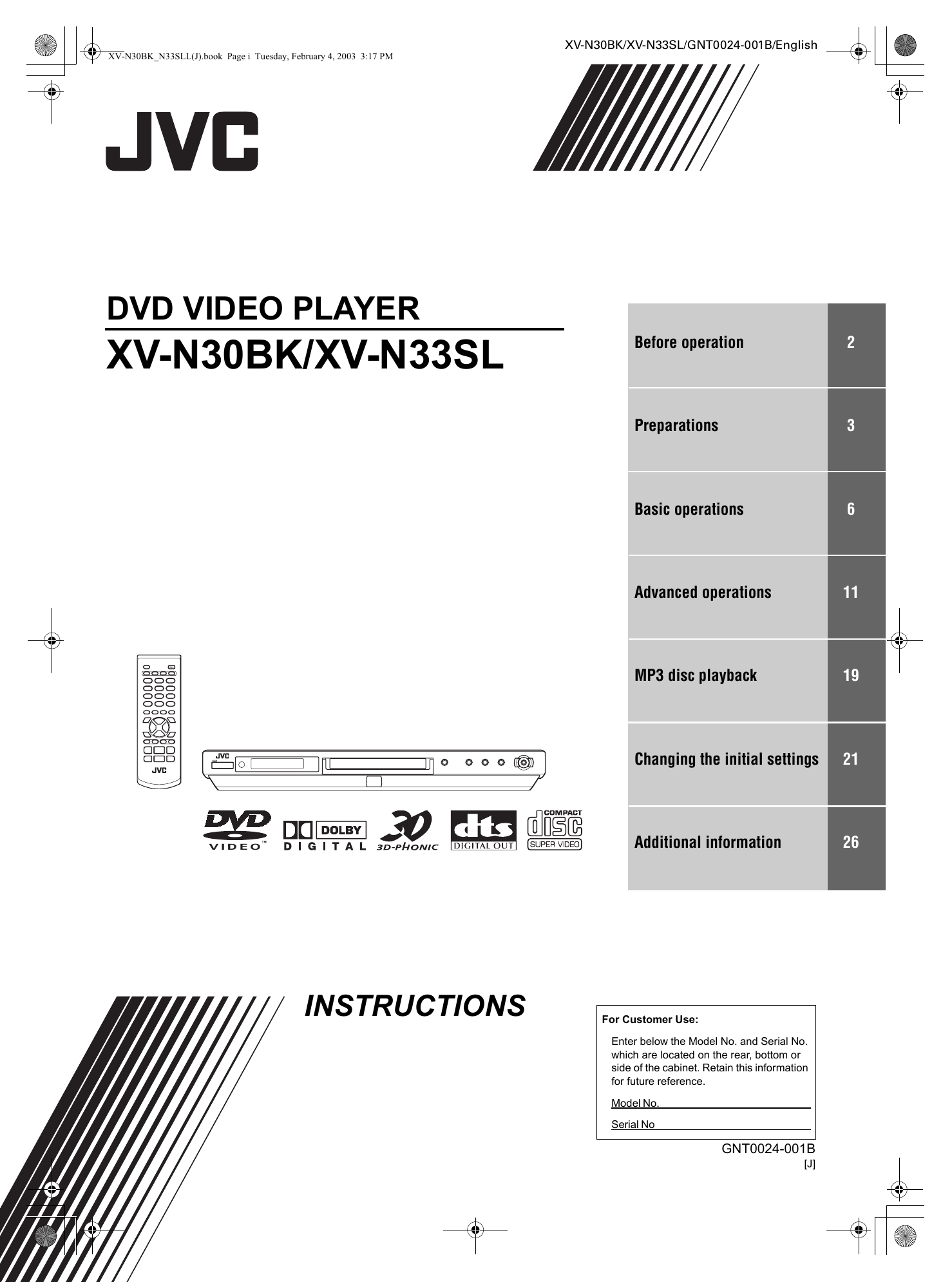 JVC XV-N30BK DVD Player User manual | Manualzz