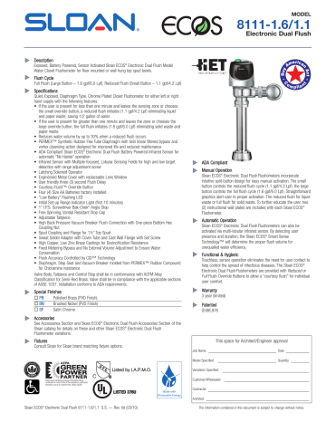 Sloan 3370400 8111-1.6/1.1 Flush Valve Dimensions Guide | Manualzz