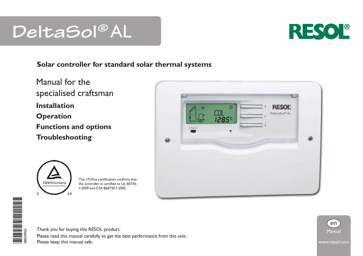 Resol DeltaSol AL Installation & Operation Manual | Manualzz