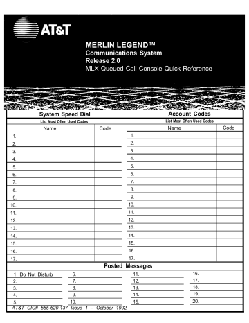 AT&T MERLIN LEGEND Quick Reference | Manualzz