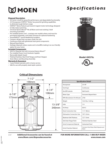 Moen GXS75C Garbage Disposal Specification Sheet | Manualzz
