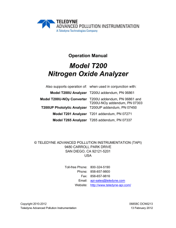 Teledyne API T200 Nitrogen Oxide Analyzer Operation Manual | Manualzz