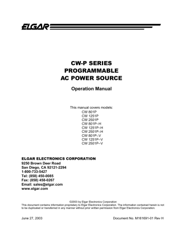 Elgar CW 801P-H Operation Manual | Manualzz
