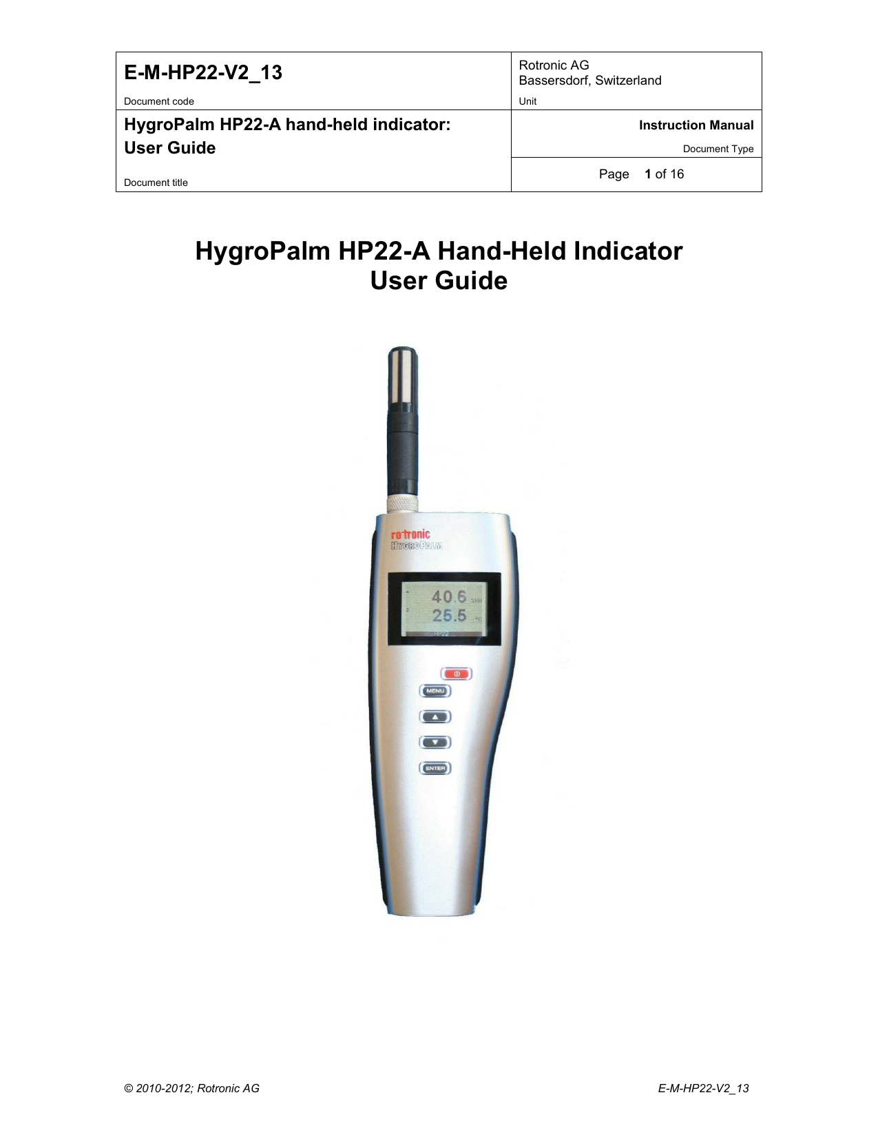 Rotronic HP22-A Owner's Manual | Manualzz