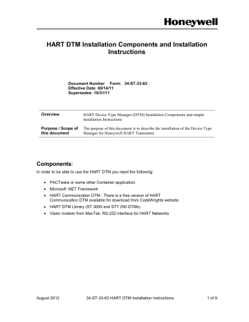 HART DTM Installation Instructions - Honeywell | Manualzz