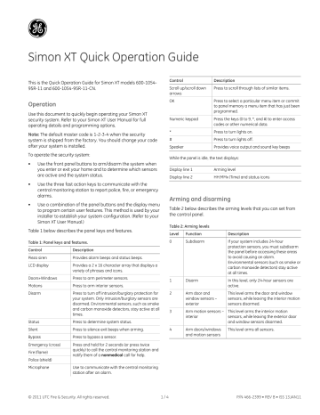 Simon XT Quick Operation Guide | Manualzz