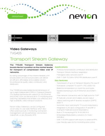 Nevion TVG425 ASI-IP Transport Stream Gateway Datasheet | Manualzz