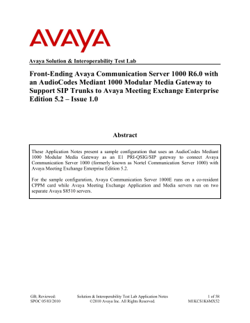 Avaya Communication Server 1000 R6.0, Mediant 1000 Modular Media Gateway, Meeting Exchange ...