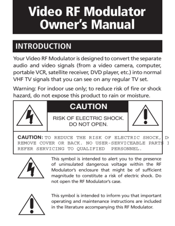 Video RF Modulator Owner's Manual | Manualzz