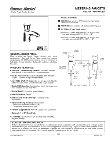 American Standard 1340109.002 Pillar Single Handle Metering Bathroom ...