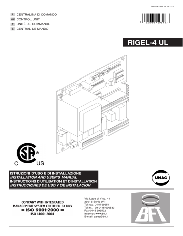 BFT RIGEL-4 UL Gate Opener Installation Manual | Manualzz