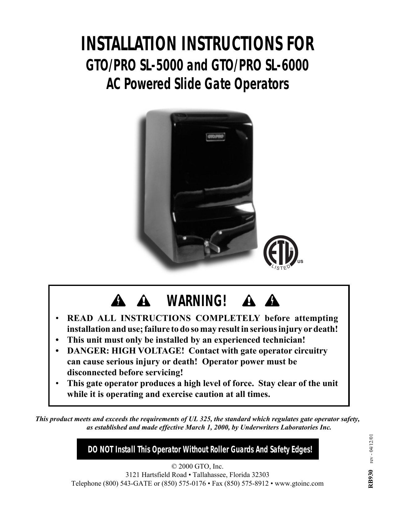 GTO SL-6000 Installation Instructions Manual | Manualzz