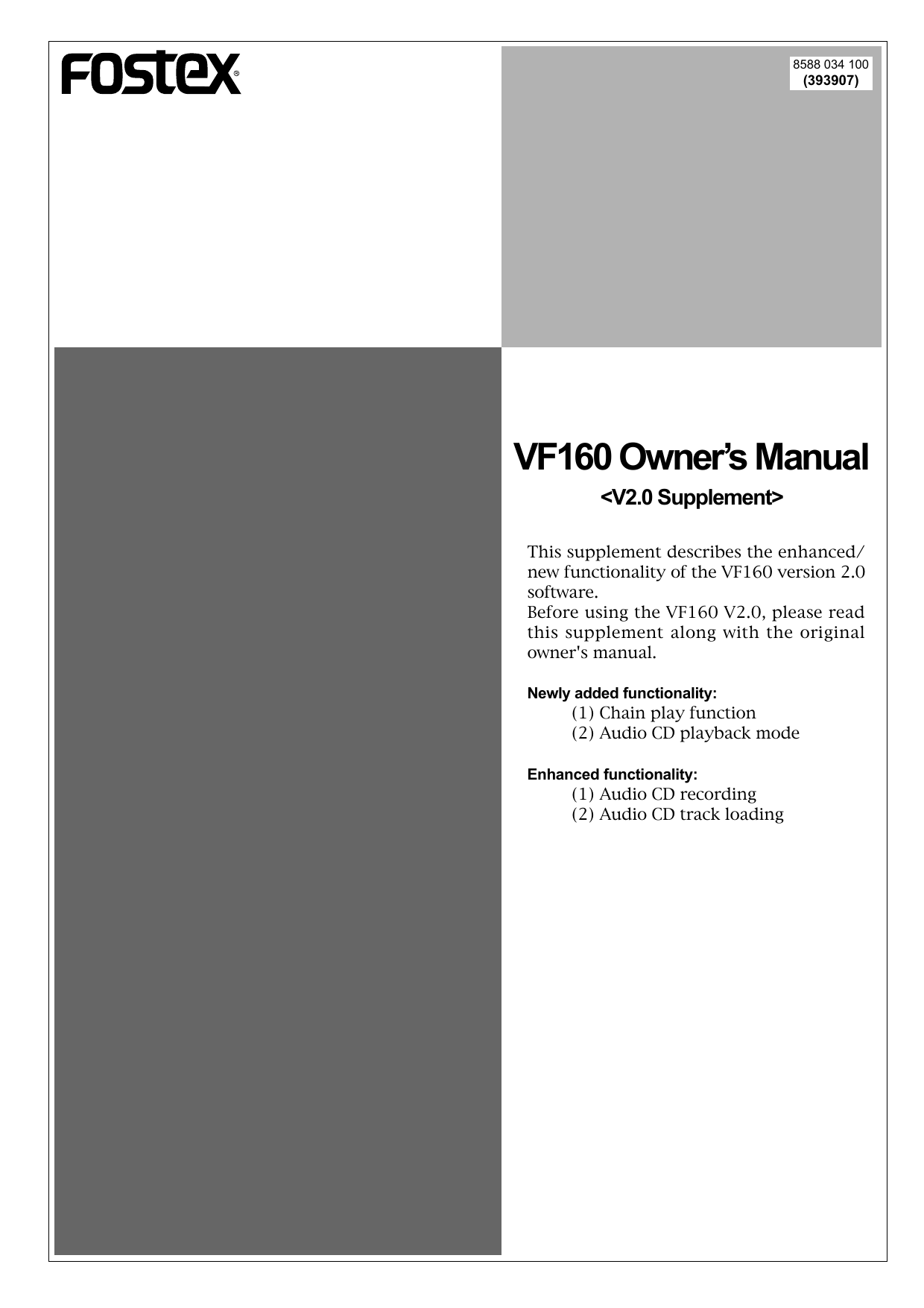 Fostex VF-160 Supplement Owner's Manual | Manualzz
