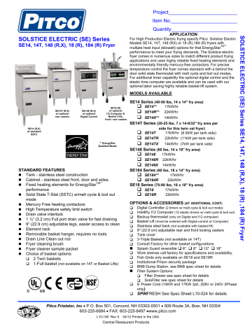 Pitco SE184 Specification Sheet | Manualzz