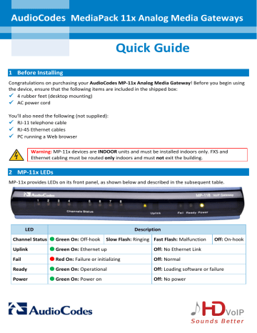 AudioCodes MP-11x Analog Media Gateway Quick Guide | Manualzz