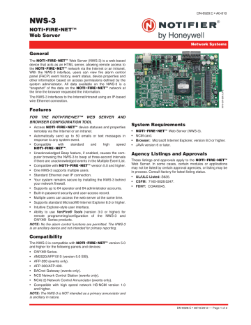 Notifier NWS-3 Data Sheet | Manualzz