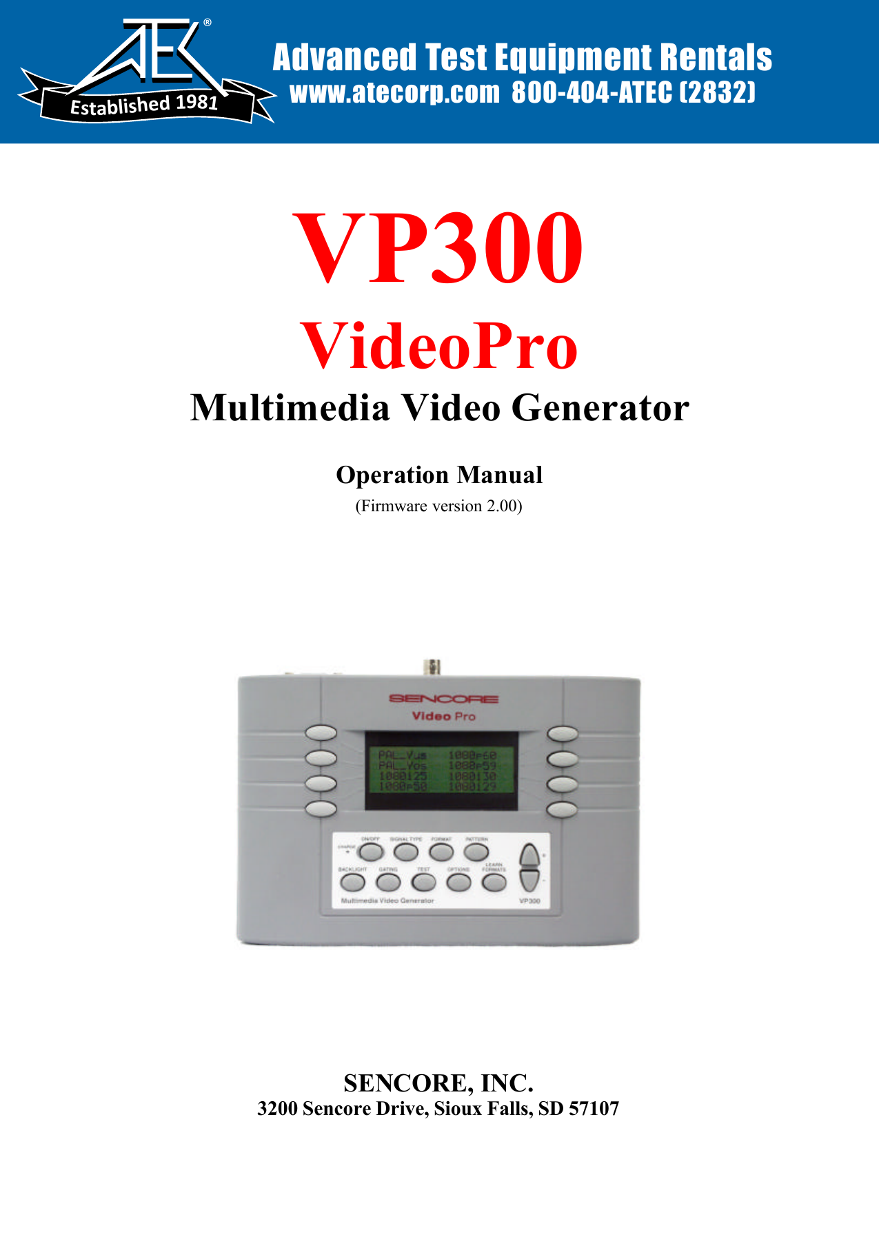 Sencore VP300 VideoPro Operation Manual | Manualzz