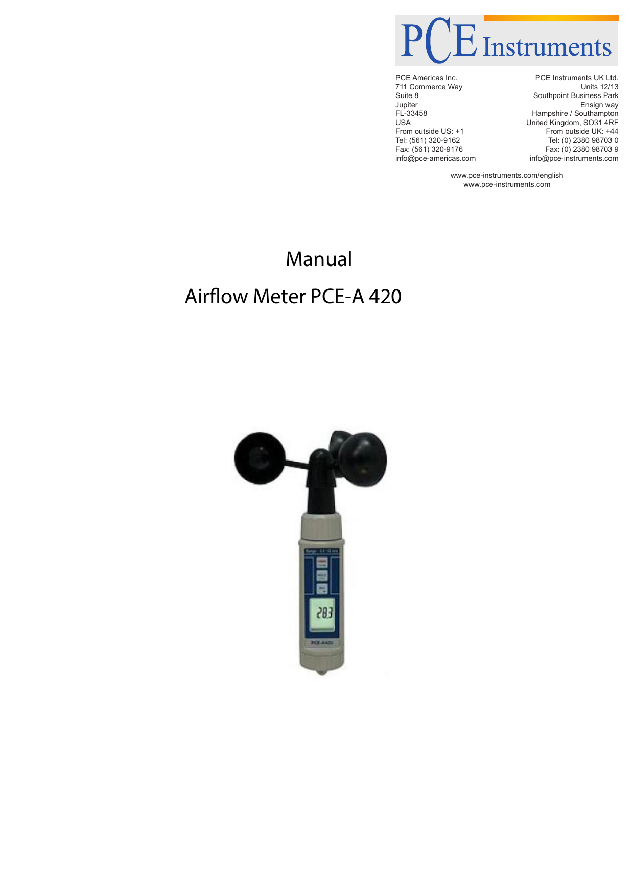 PCE PCE-A420 Air Flow Meter Owner's Manual | Manualzz