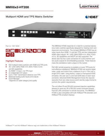 Lightware MMX6x2-HT200, MMX6x2-HT210 Datasheet | Manualzz