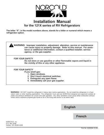 Norcold 1210 Ultraline Large RV Refrigerator Installation manual | Manualzz