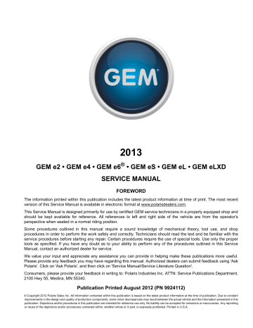 Polaris GEM e2, e4, e6, eS, eL, eLXD Service Manual 2013 | Manualzz