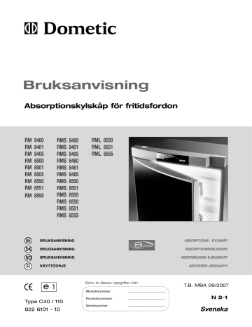 Dometic RM8551 Ohjekirja | Manualzz
