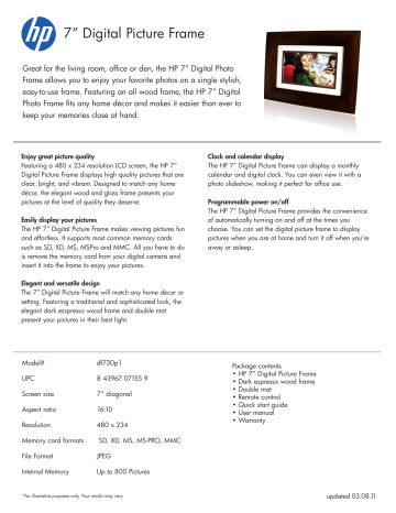 HP df730p1 Digital Picture Frame Product information | Manualzz