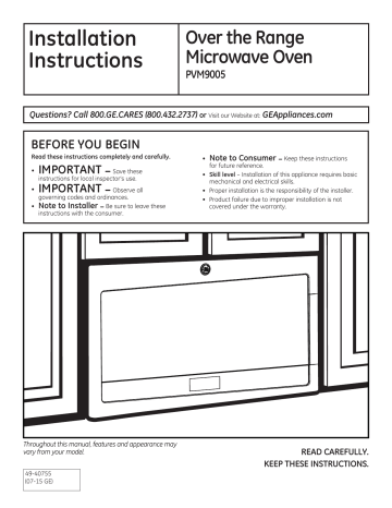 GE Profile PVM9005SJSS Installation Instructions | Manualzz