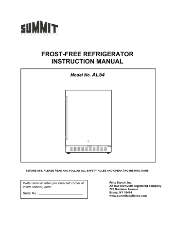 Summit AL54 Frost-Free Refrigerator Instruction Manual | Manualzz
