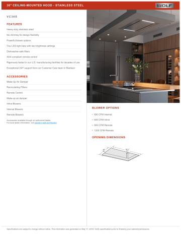Wolf VC36S Ceiling Mounted Hood Product Details | Manualzz