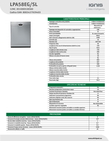 Ignis LPA58EG/SL Dishwasher Product Data Sheet | Manualzz
