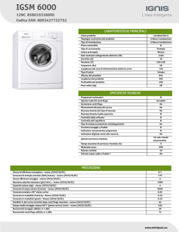 Ignis IGSM 6000 Washing machine Product Data Sheet | Manualzz
