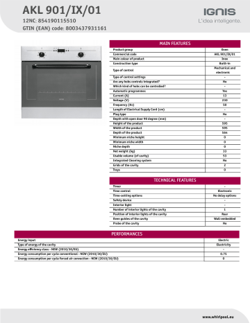 Ignis AKL 901/IX/01 Oven Product Data Sheet | Manualzz