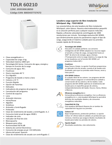 Whirlpool TDLR 60210 Product data sheet | Manualzz