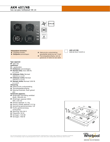 Whirlpool AKM 407/NB Hob Product Data Sheet | Manualzz