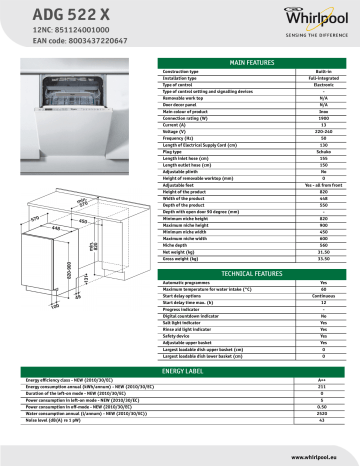 Whirlpool ADG 522 X Dishwasher Product Data Sheet | Manualzz