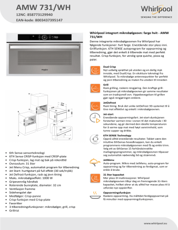 Whirlpool AMW 731/WH Product data sheet | Manualzz