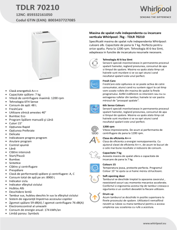 Whirlpool TDLR 70210 Product data sheet | Manualzz