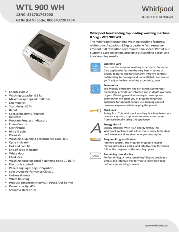 Whirlpool WTL 900 WH Product data sheet | Manualzz