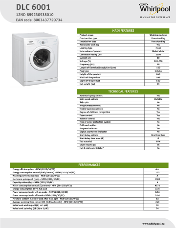Whirlpool DLC 6001 Washing machine Product Data Sheet | Manualzz