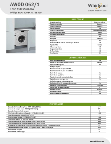 Whirlpool AWOD 052/1 Washing machine Product Data Sheet | Manualzz