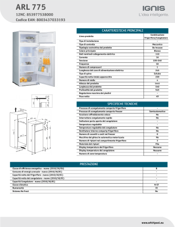 Ignis ARL 775 Fridge/freezer combination Product Data Sheet | Manualzz